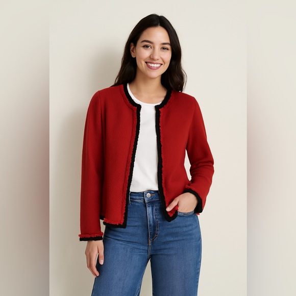 Avenue | Jackets & Coats | Avenue Studio Red Fringed Blazer Black Trim ...